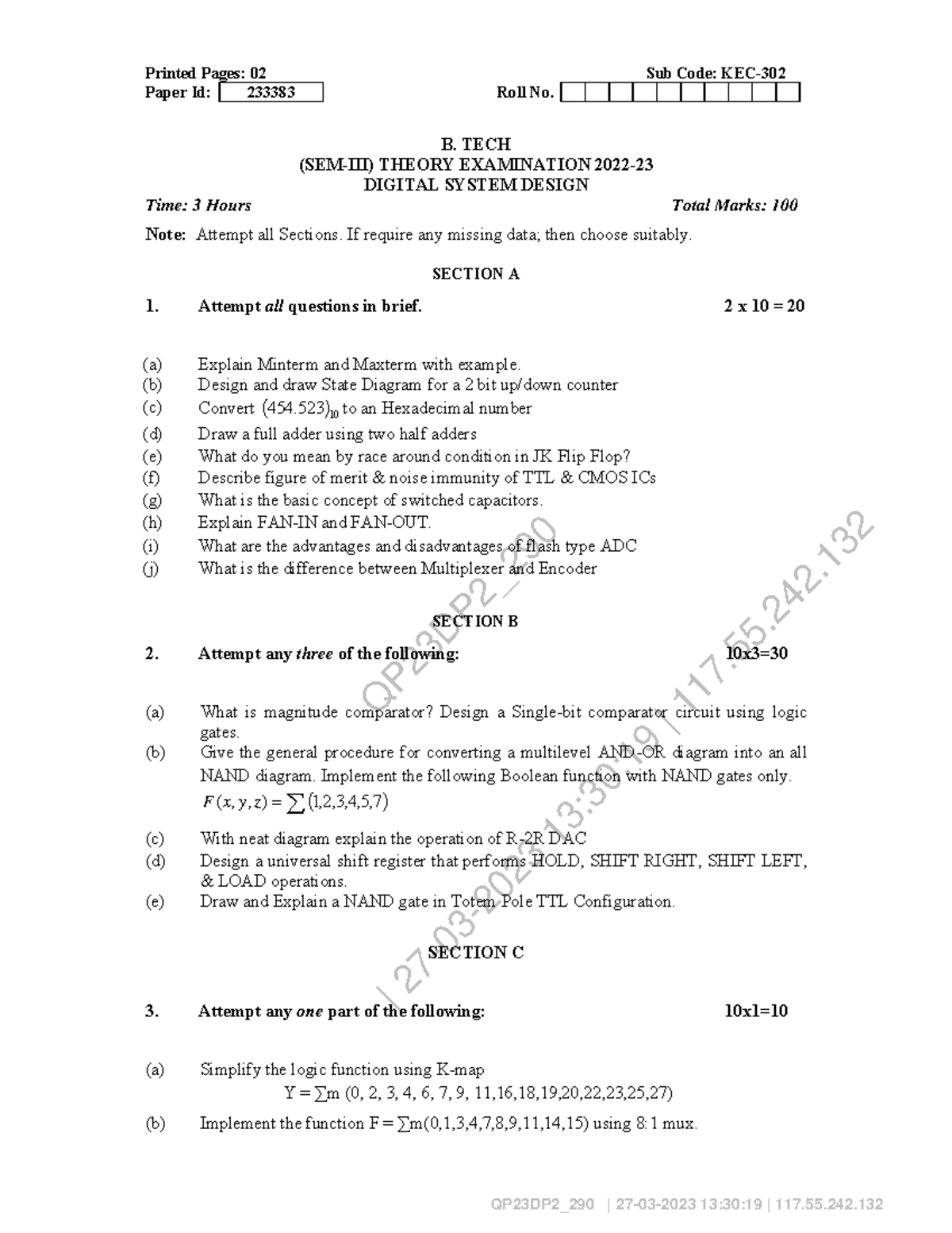 Btech Ec 3 Sem Digital System Design Kec 302 2023 Qp23dp2 27 03
