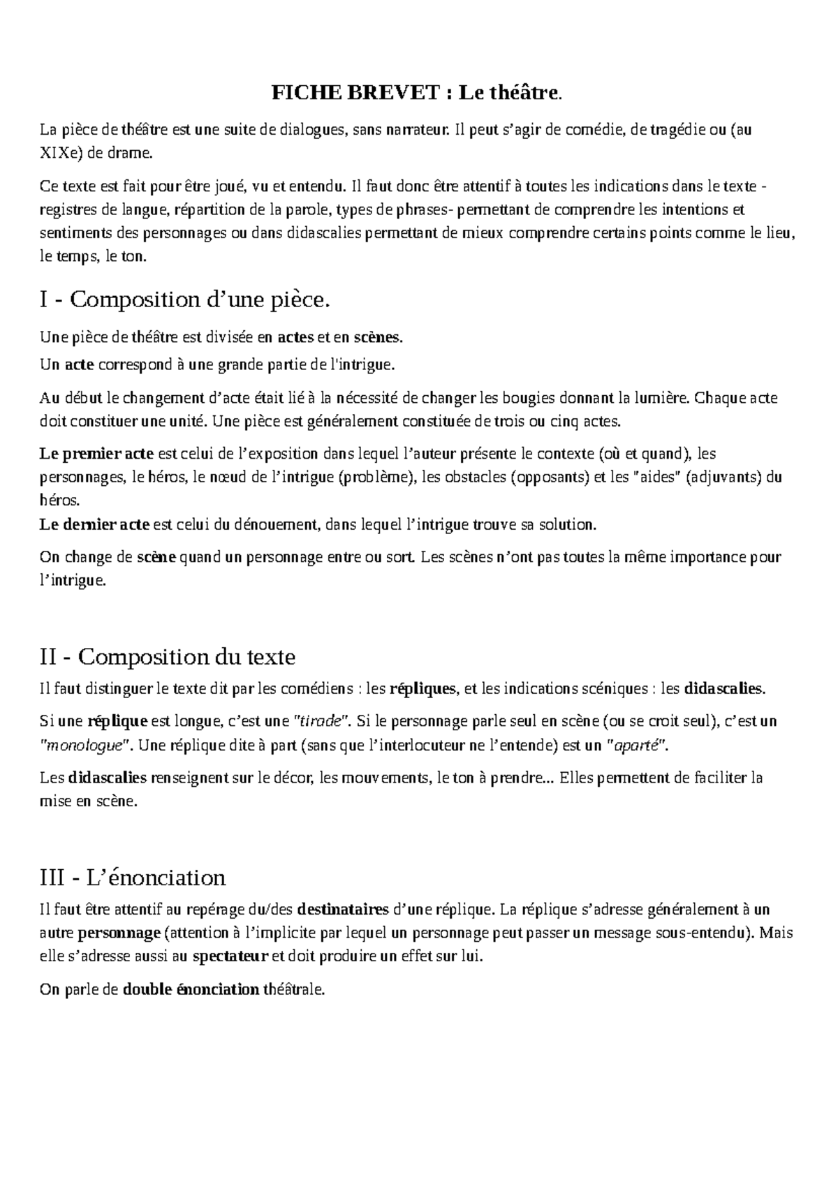 Fiche brevet théâtre-1 - FICHE BREVET : Le théâtre. La pièce de théâtre ...