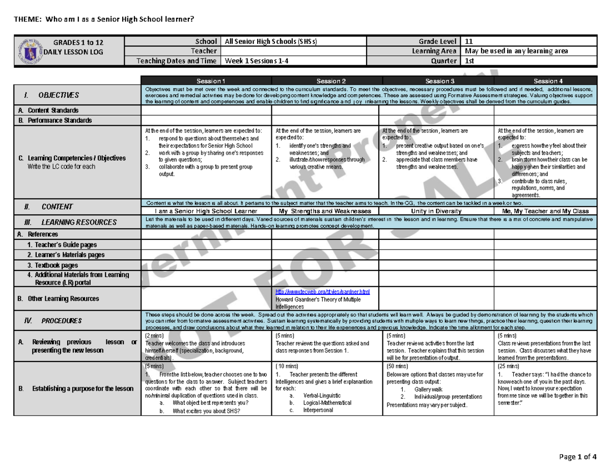 SHS DLL Week 1 - sample DLL - GRADES 1 to 12 DAILY LESSON LOG School ...