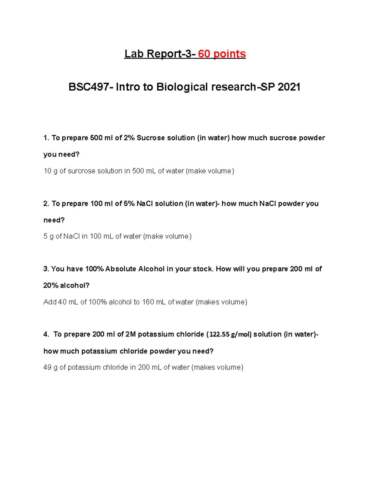 Lab Report 3-Chemical Preparation - Lab Report-3- 60 points BSC497 ...