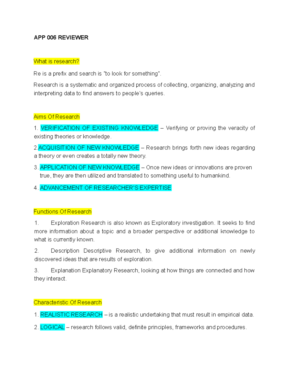 APP 006 Reviewer 1 - For only notes - APP 006 REVIEWER What is research ...