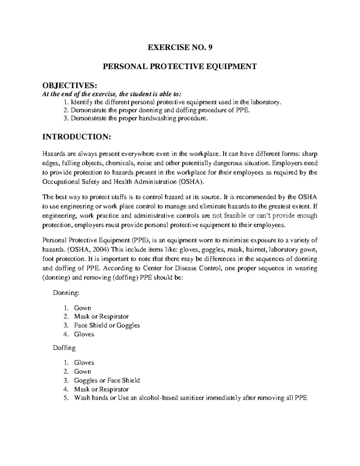 Exercise 09. Personal Protective Equipment and Proper Handwashing ...