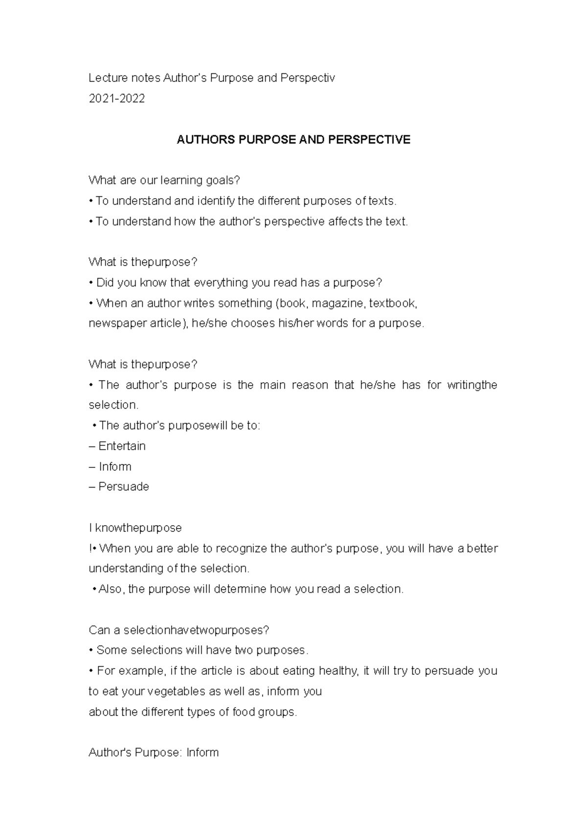 Lecture notes Authors Purpose AND Perspective - Lecture notes Author’s ...
