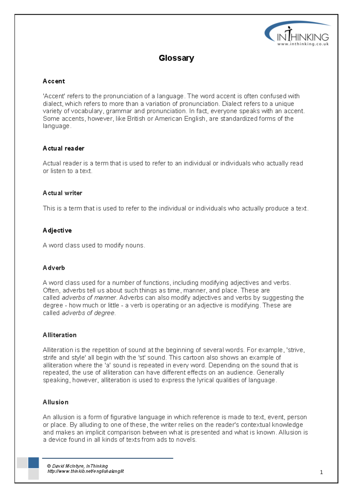 IB Glossary - Summary ib english a - © David McIntyre, InThinking ...