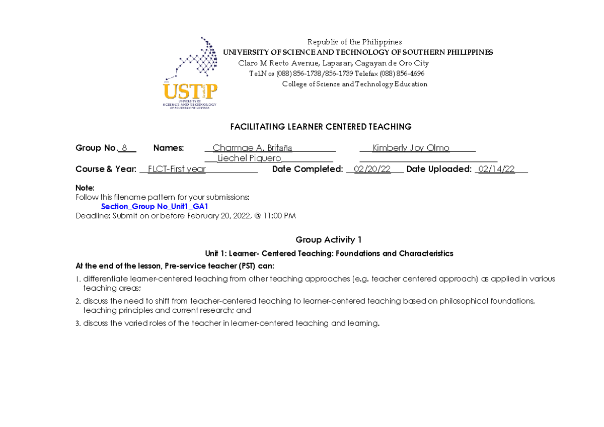 BSED-Science-1B Group 8 Unit1 GA1 - FACILITATING LEARNER CENTERED ...