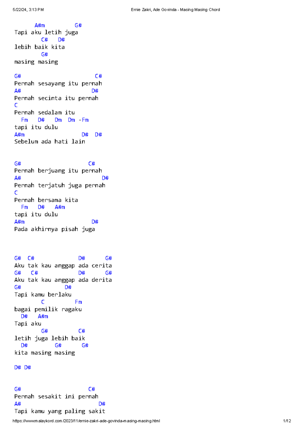 Ernie Zakri, Ade Govinda - Masing Masing Chord - A#m G# Tapi aku letih juga C# D# lebih baik ...