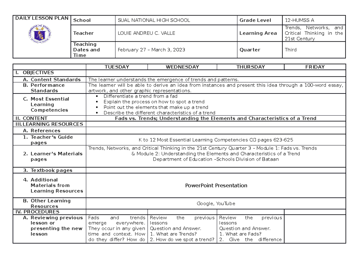 DLP Week 2 - DLP Week 2 - DAILY LESSON PLAN School SUAL NATIONAL HIGH SCHOOL Grade Level 12 ...