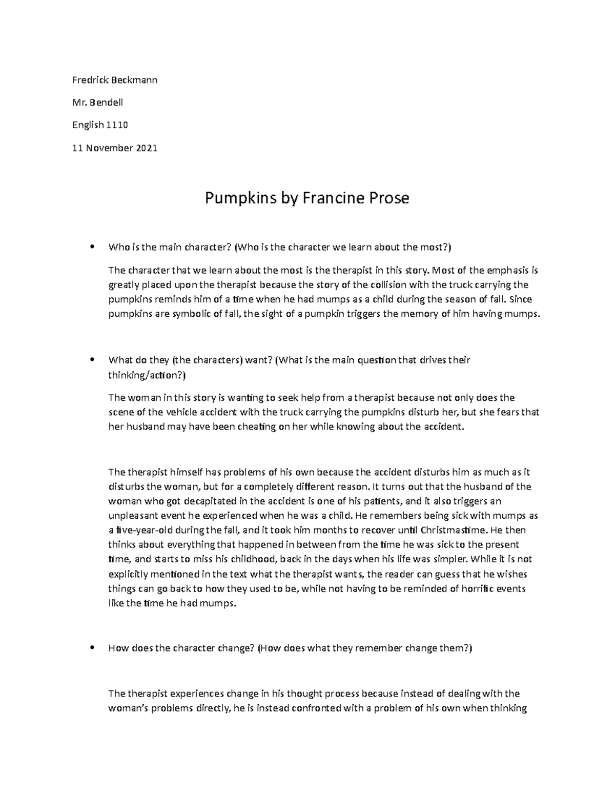 Pumpkins by Francine Prose Story Analysis - Fredrick Beckmann Mr ...