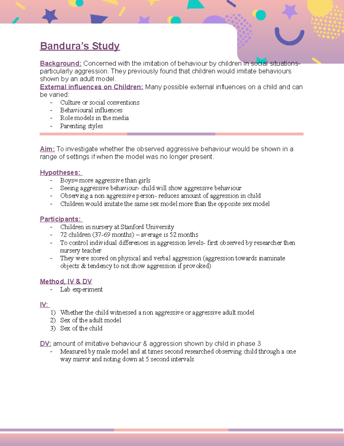 Bandura Study Summary - Bandura’s Study Background: Concerned with the ...