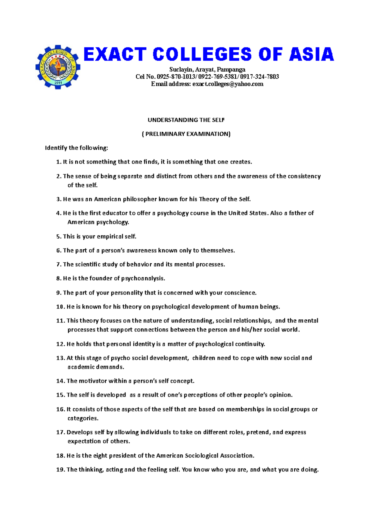 UTS prelims 2022-2023 - Preliminary fo Understanding the Self - UNDERSTANDING THE SELF ...