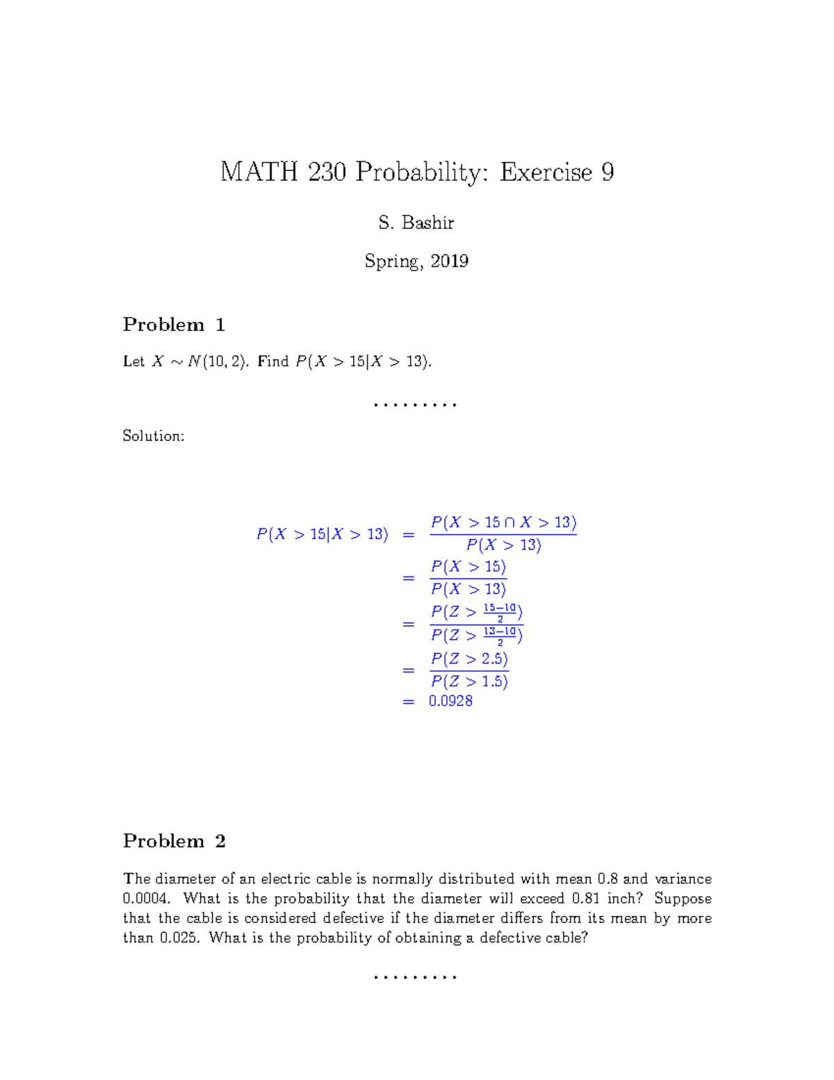 Exercise 9 norm rv soln - Tutorial problems solutions - MATH 230 Probability: Exercise 9 S ...