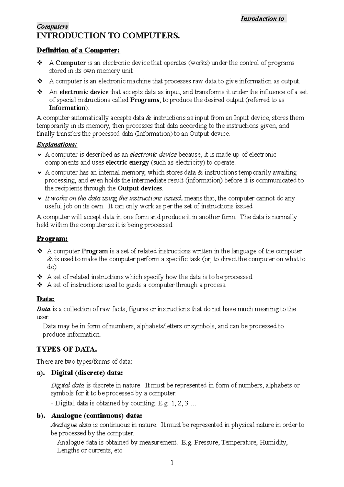 Introduction To Computers Definition Of A Computer A Computer Is An Electronic Device That