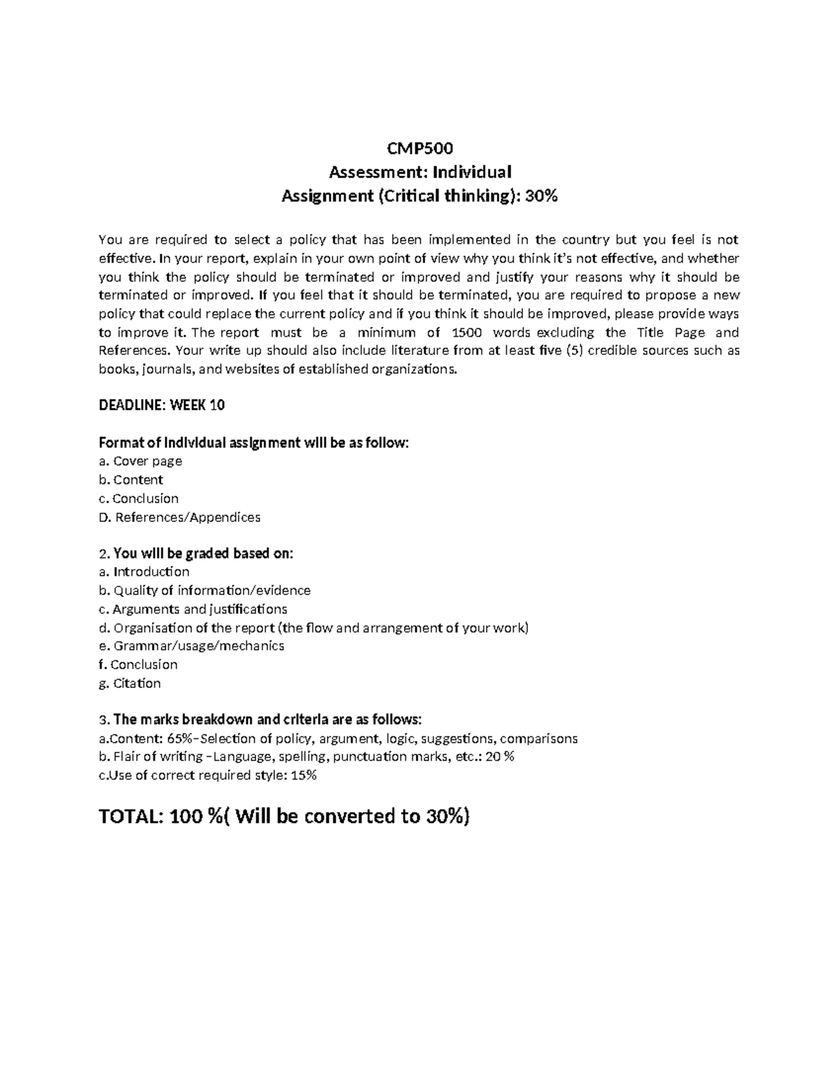 Marking scheme for CMP500 (1) - CMP Assessment: Individual Assignment ...