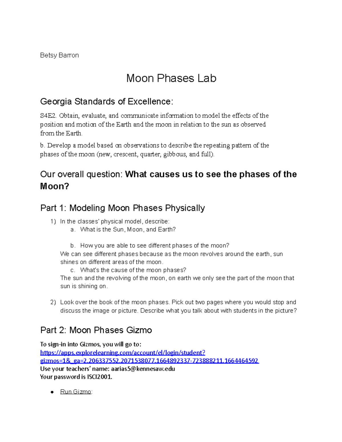 Moon Phases Lab - Betsy Barron Moon Phases Lab Georgia Standards of ...