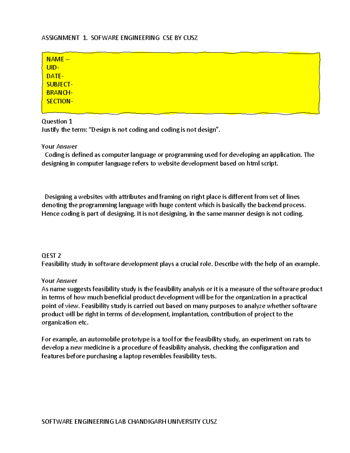 assignments for software engineering lab - ASSIGNMENT 1. SOFWARE ...
