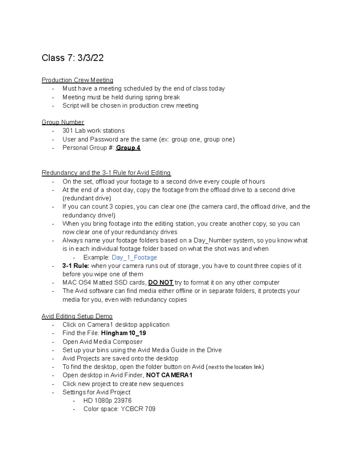 Intermediate Class 7 Notes - Class 7: 3/3/ Production Crew Meeting ...