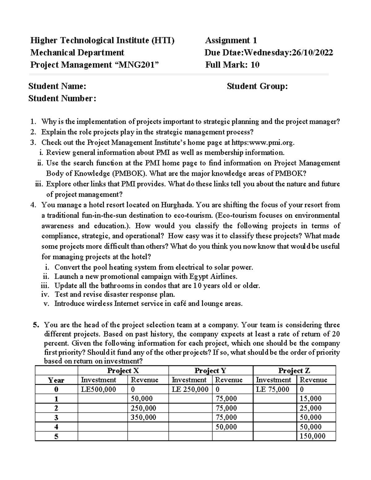 Project Management - Assignment 1 - Higher Technological Institute (HTI ...