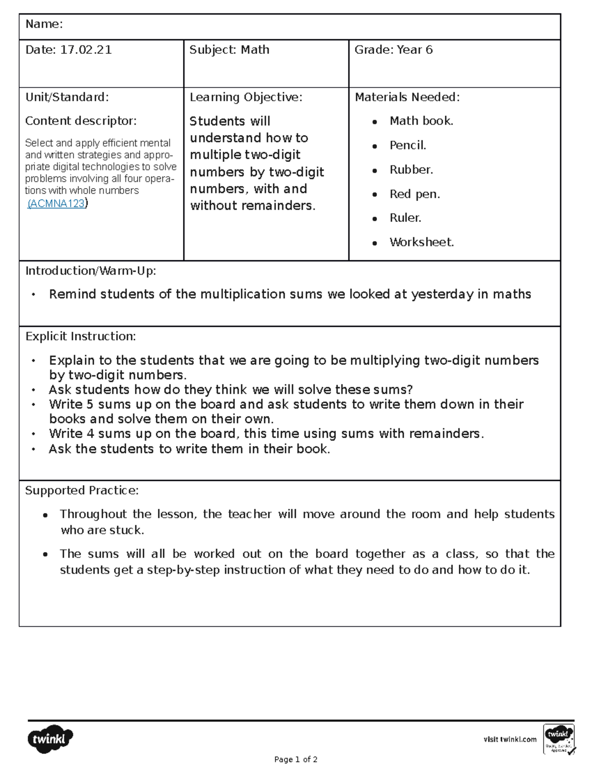 Maths 17 - Lesson Plans - Name: Date: 17.02 Subject: Math Grade: Year 6 ...