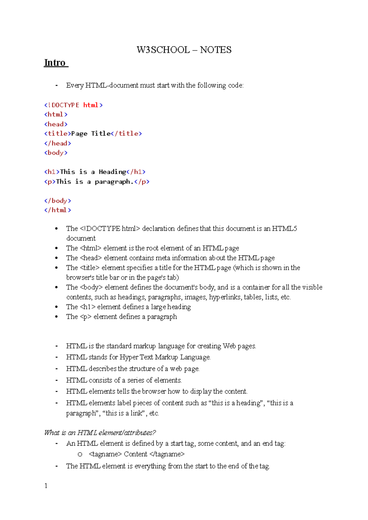 W3schools notes - W3SCHOOL – NOTES Intro - Every HTML-document must ...