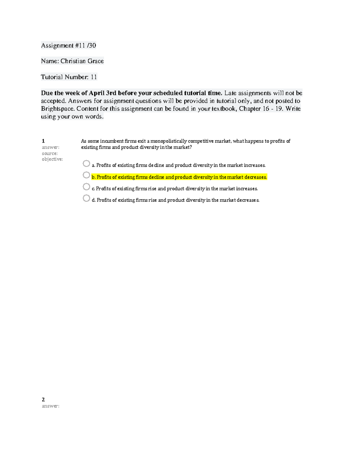 ECON 1P91 - Assignment #11 - Assignment #11 / Name: Christian Grace ...