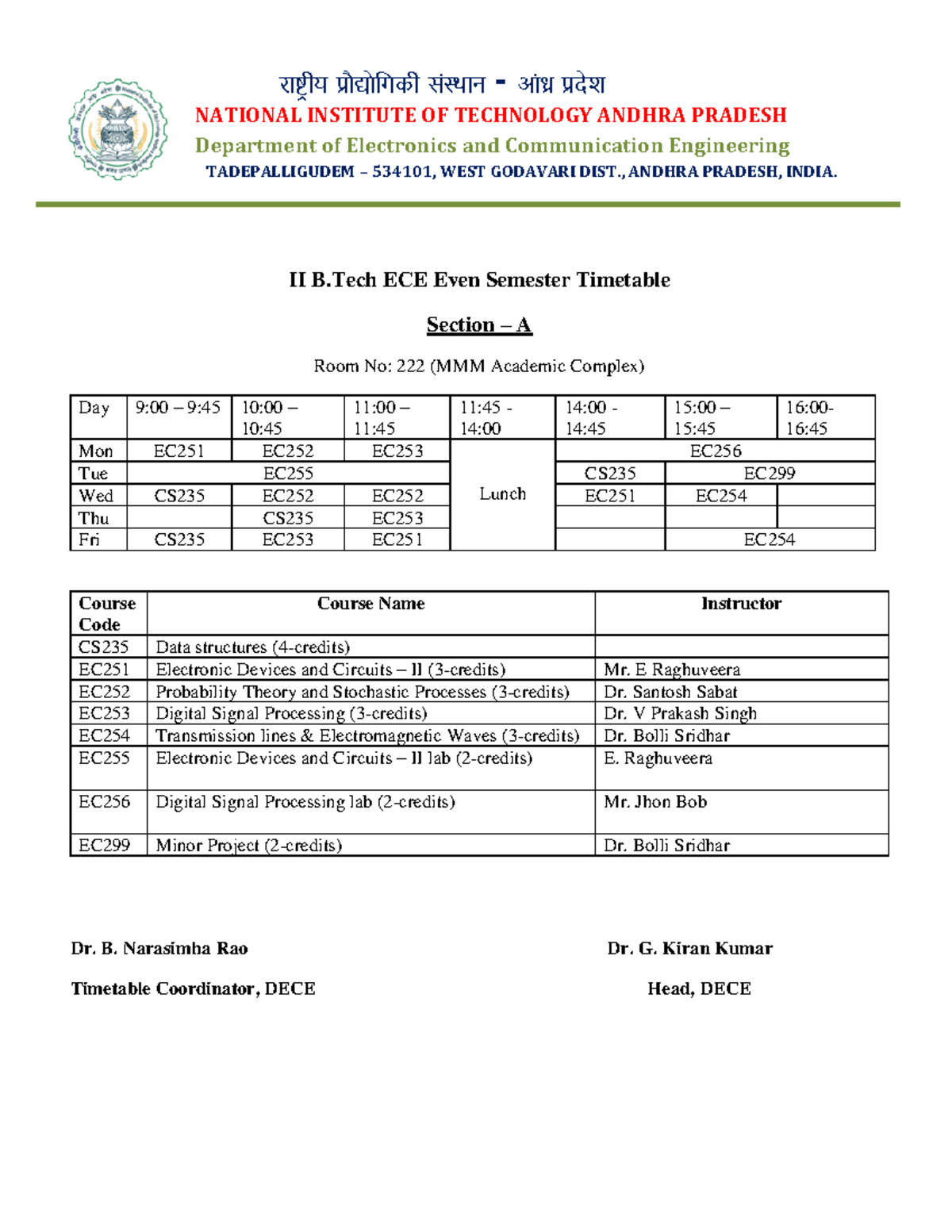 ECE Timetable IIsem - NATIONAL INSTITUTE OF TECHNOLOGY ANDHRA PRADESH Department of Electronics ...