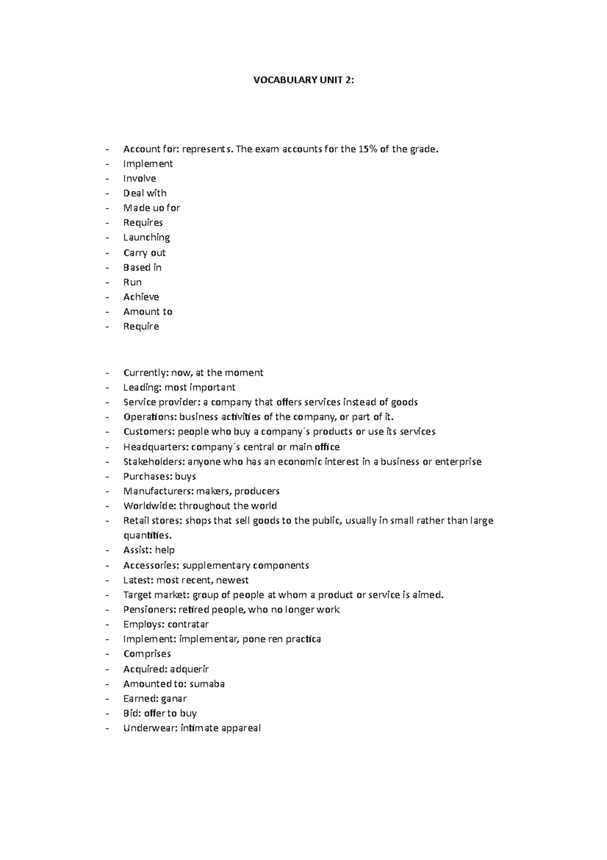 Vocabulary UNIT 2 - apuntes vocabulario - VOCABULARY UNIT 2: Account ...