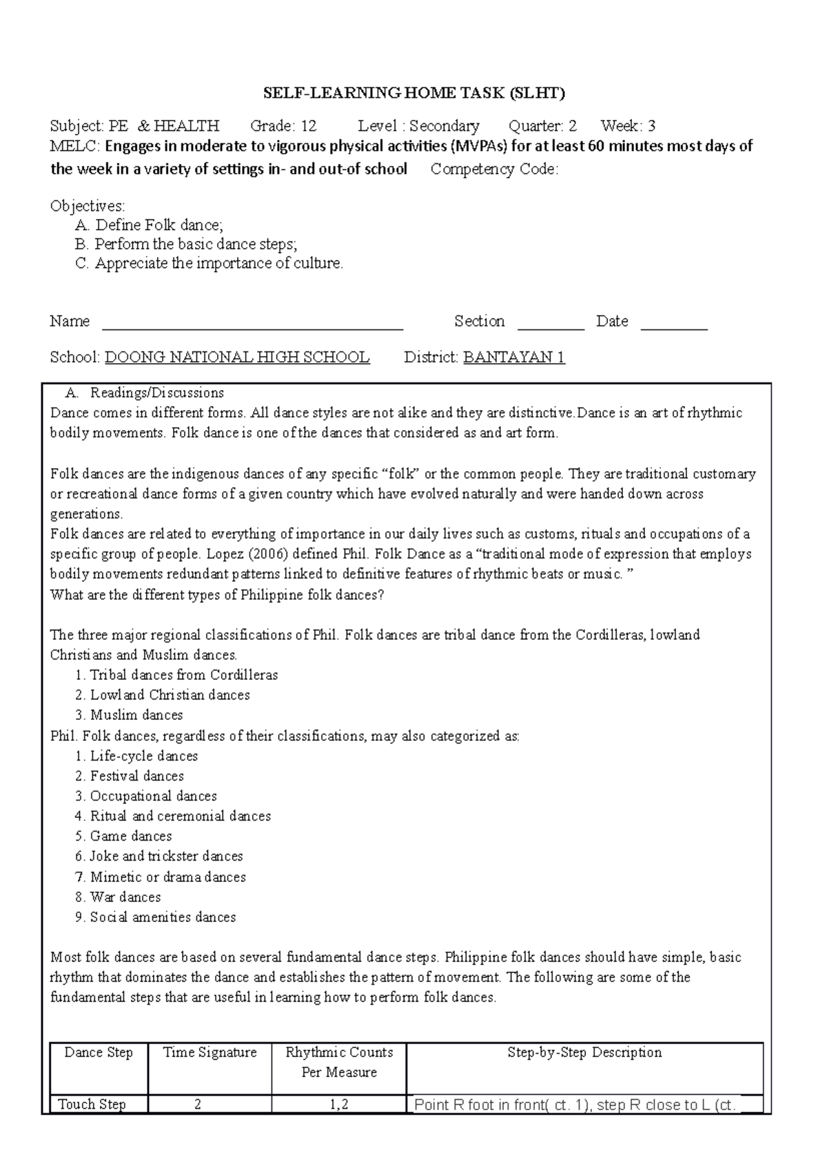 SLHT- Q2 WEEK 3 PE AND Health 12-1 - SELF-LEARNING HOME TASK (SLHT ...