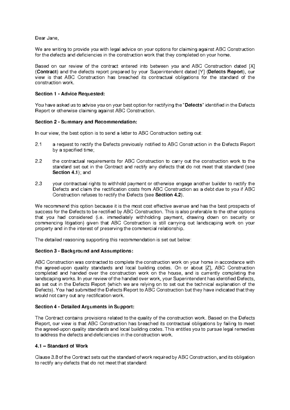 example- legal writing - letter of advice - Dear Jane, We are writing ...