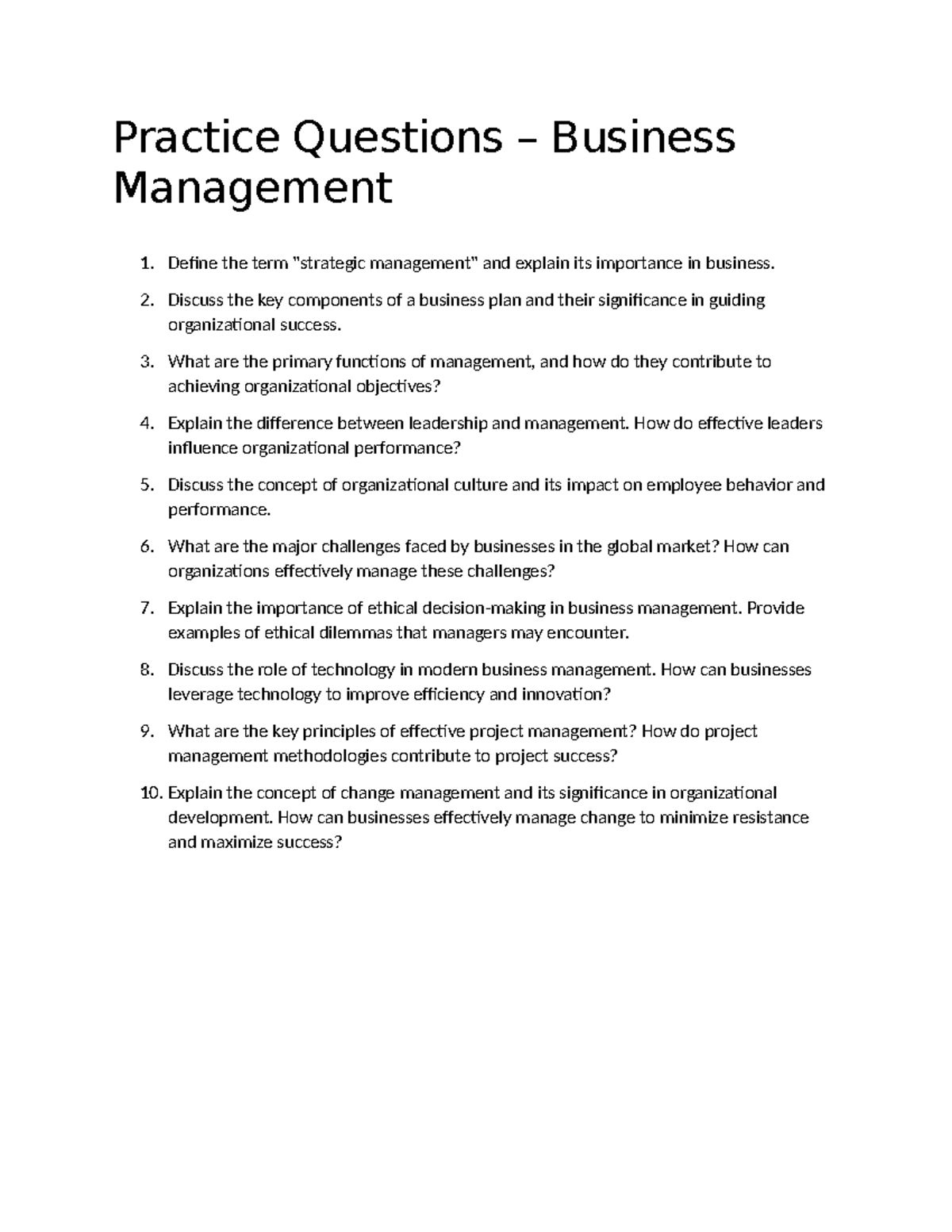 Practice Questions - Practice Questions – Business Management 1. Define ...