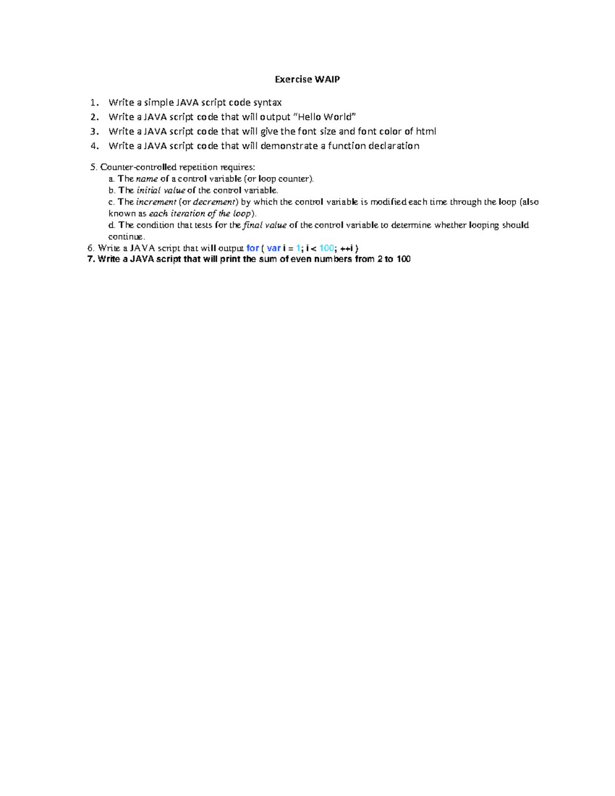 Exercise 3 WAIP - WAIP - Exercise WAIP 1. Write a simple JAVA script ...