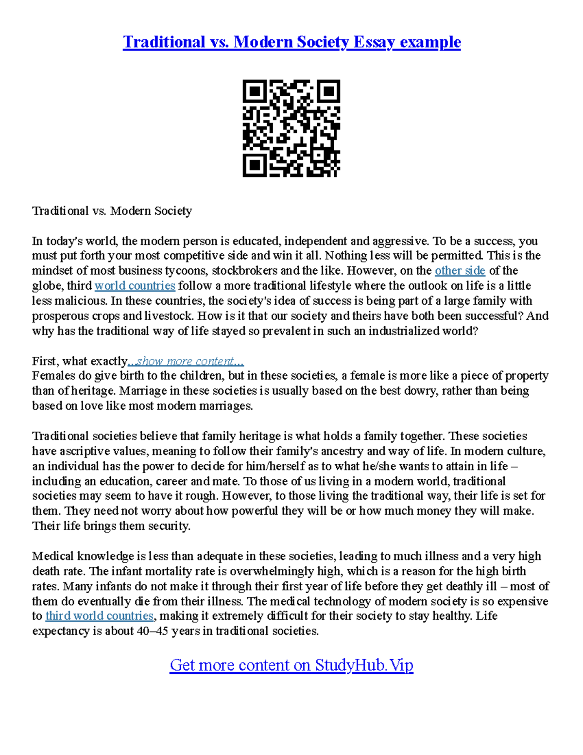 300 Word Essay Example - Traditional vs. Modern Society Essay example ...