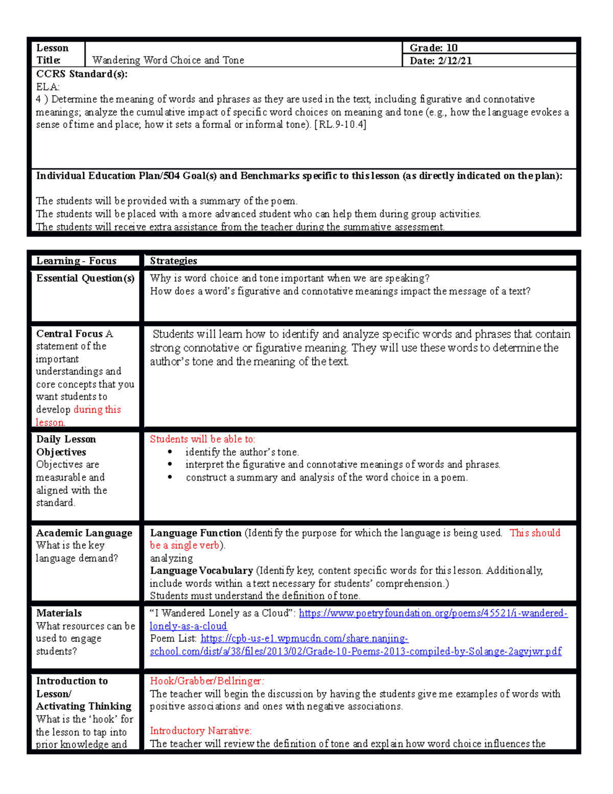 Ed TPA Lesson Plan Draft Secondary Lesson Title Wandering Word