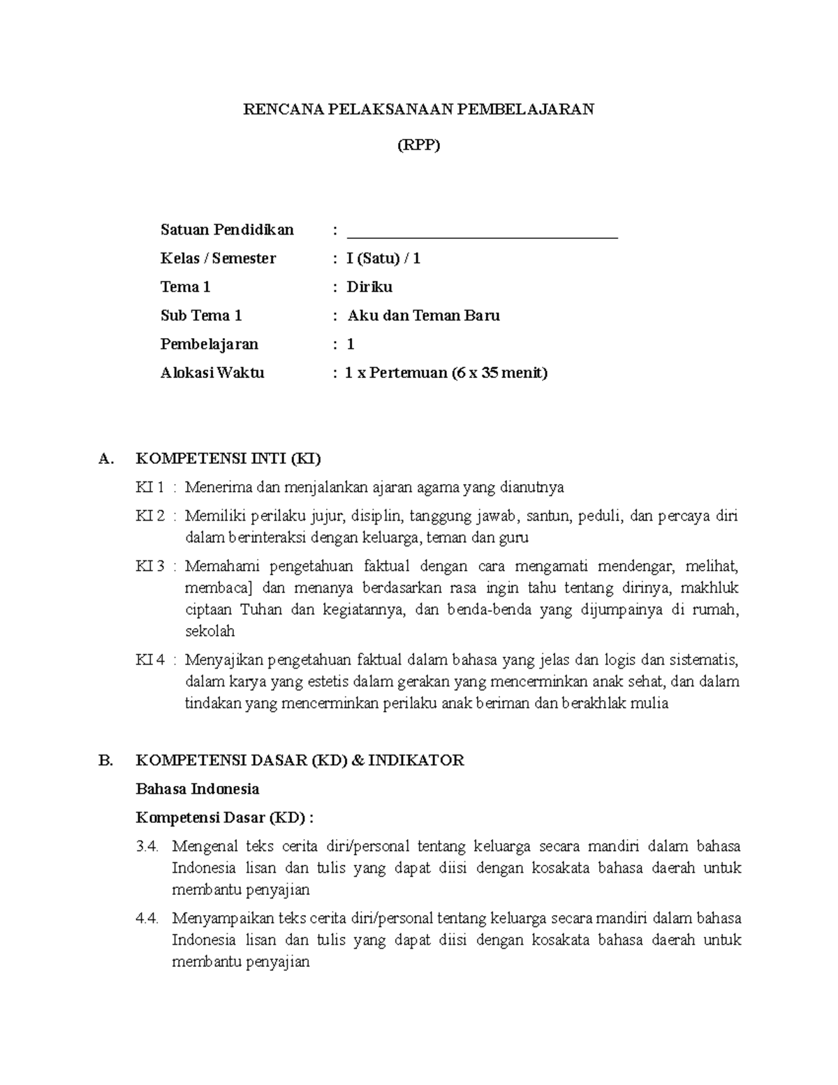 Rizka Dwi Yanti 4 A Ppapk RPP Kelas 1 - RENCANA PELAKSANAAN ...