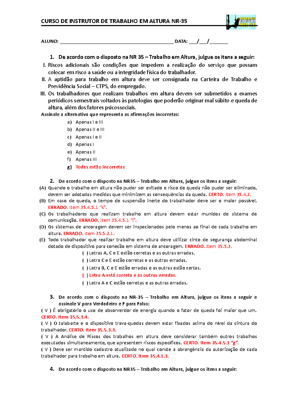 Prova De Nr 35 Com Gabarito Word - RETOEDU