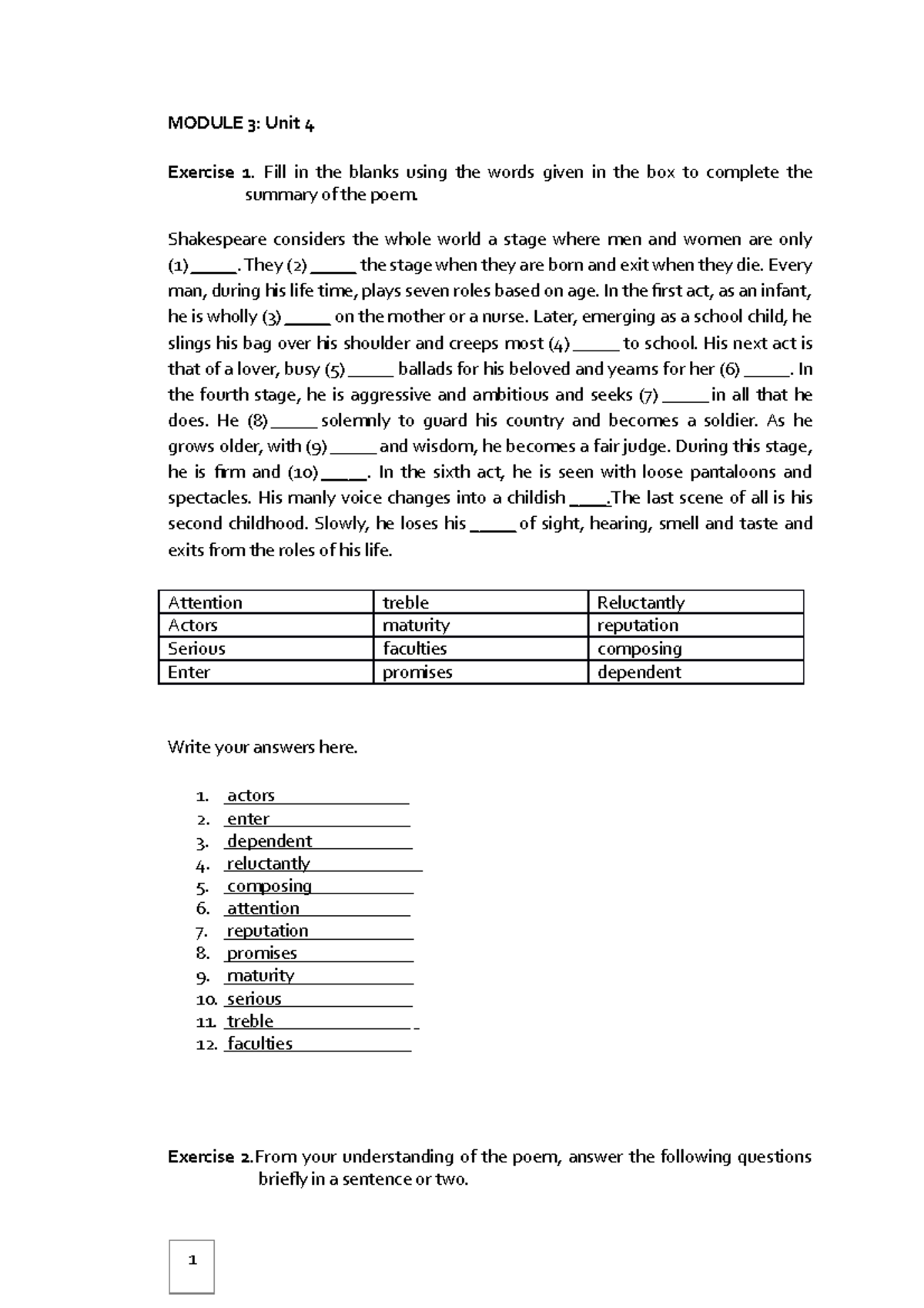 Module 3 UNIT4 Exercises - MODULE 3: Unit 4 Exercise 1. Fill in the blanks using the words given ...