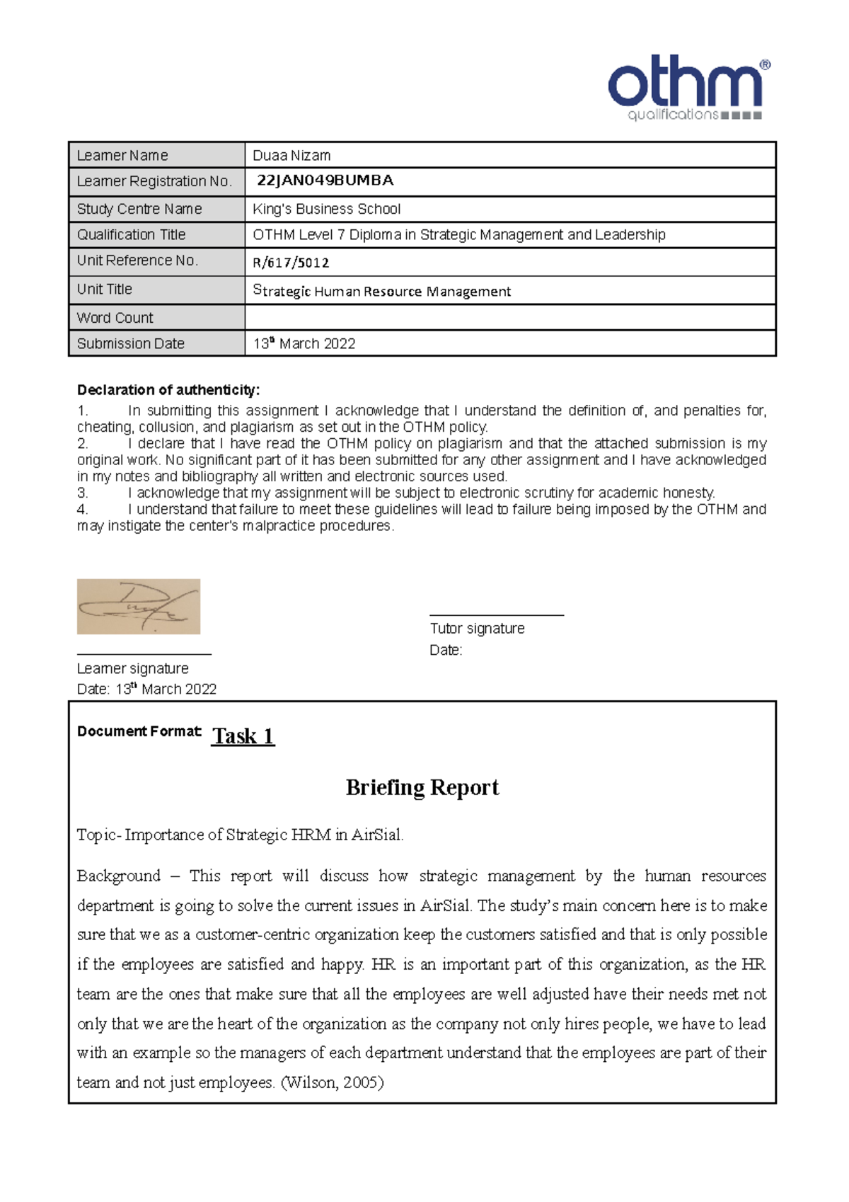 Strategic HRM Assignment - Learner Name Duaa Nizam Learner Registration No. 22JAN049BUMBA Study ...