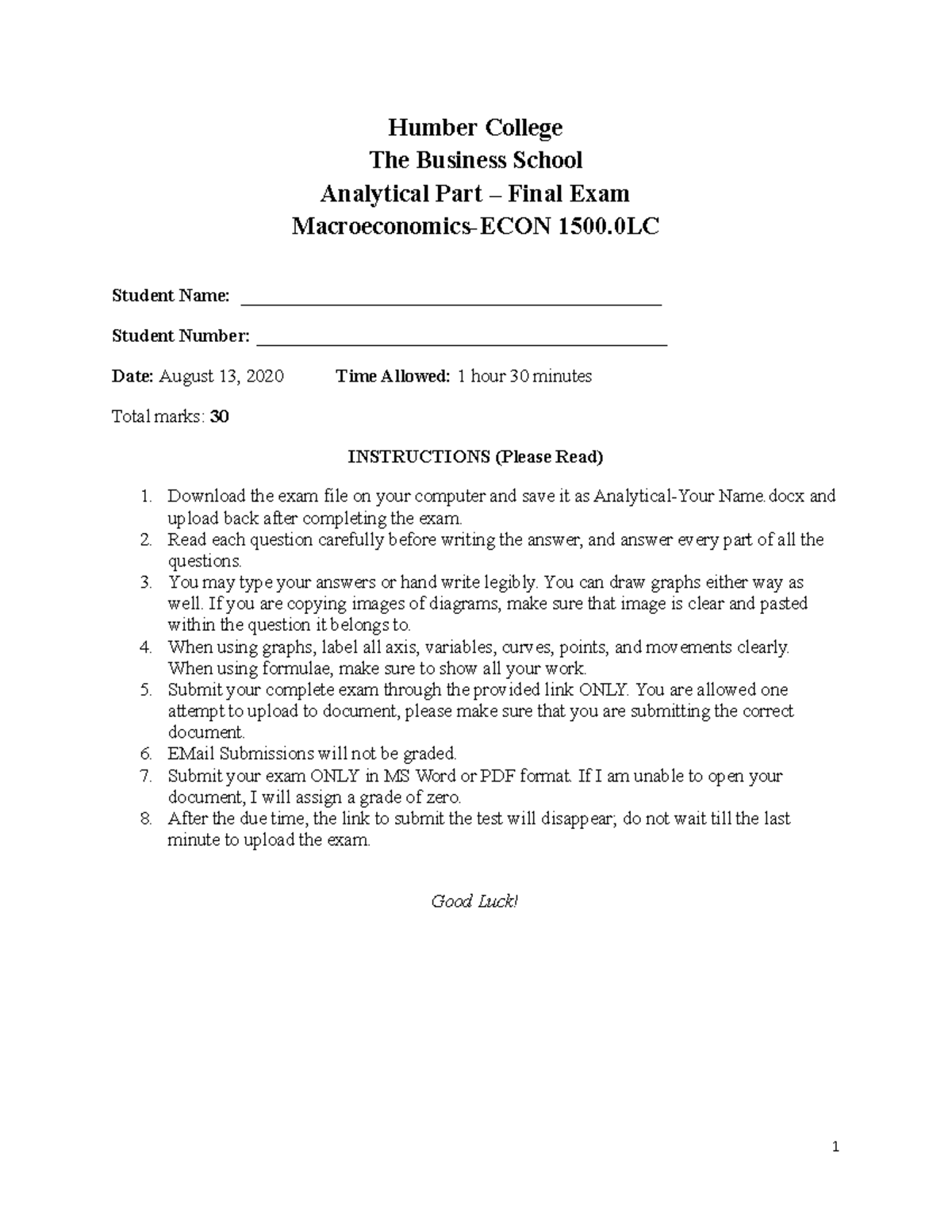 2020-Final Exam-Analytical-ECON1500 - Humber College The Business ...