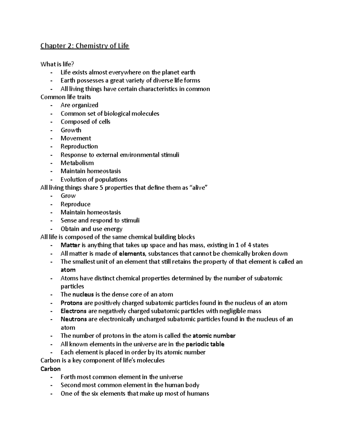 Chapter 2 Notes- BIO - Chapter 2: Chemistry of Life What is life ...