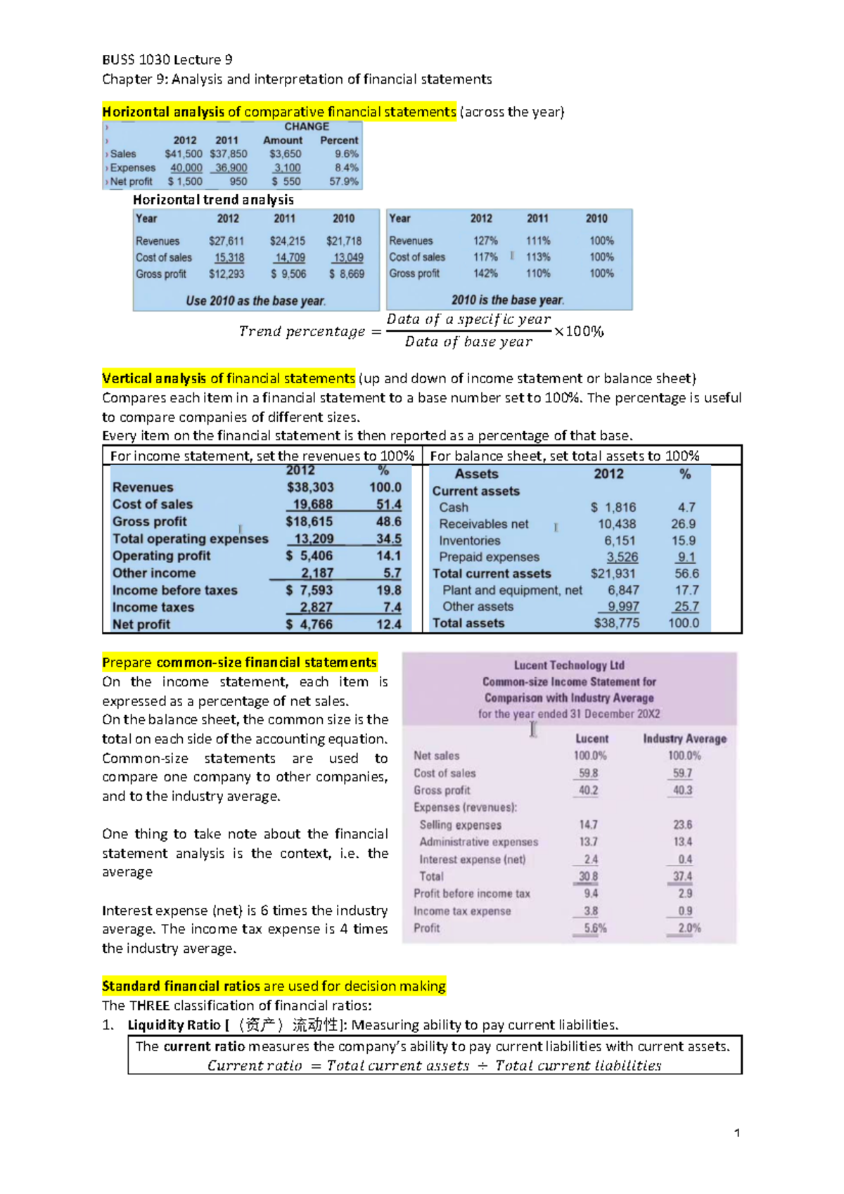 buss1030 note week9 - BUSS 1030 Lecture 9 Chapter 9: Analysis and ...