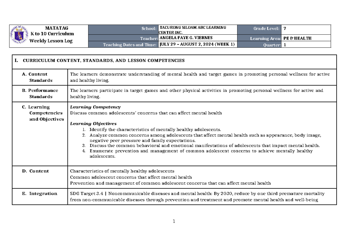 DLL Matatag PE& Health 7 Q1 W1 - MATATAG K to 10 Curriculum Weekly Lesson Log School: TACURONG ...