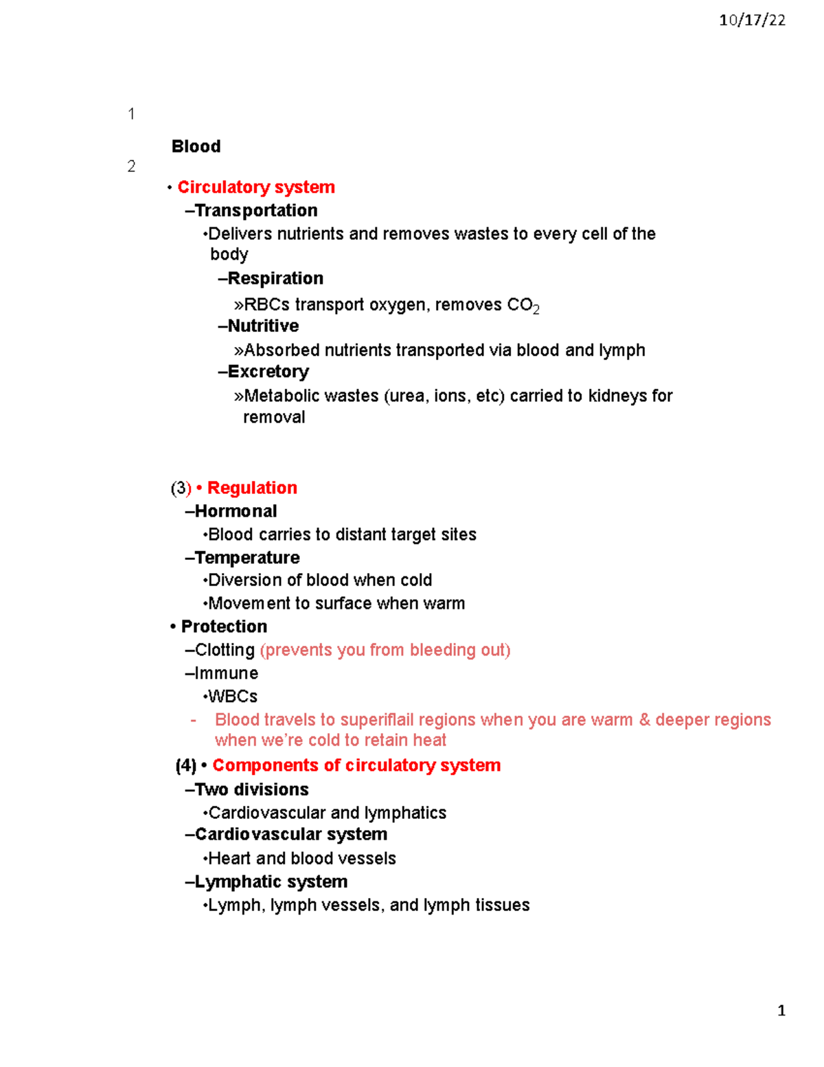Blood part 1 - script - 10/17/ 1 Blood 2 Circulatory system ...
