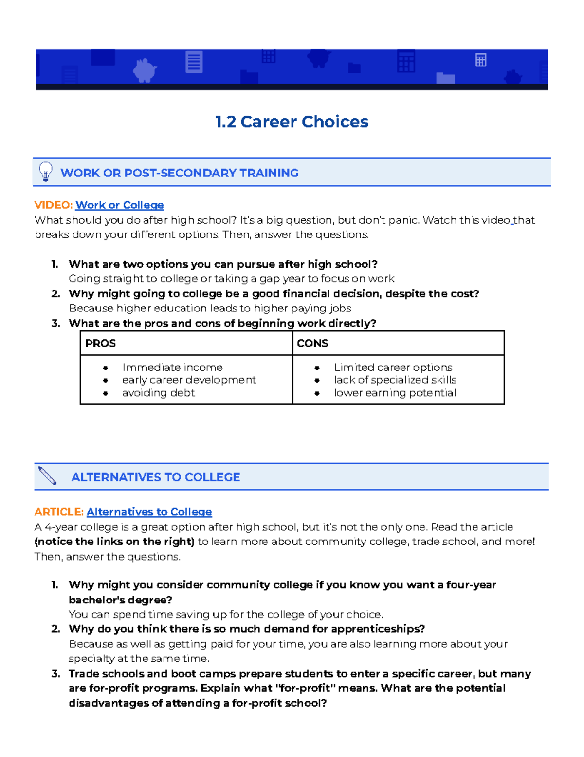 Copy of 1.2 Career Choices - 1 Career Choices WORK OR POST-SECONDARY ...