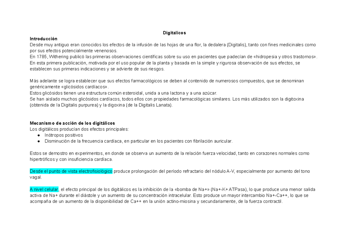Digitálicos - Resumen Farmacología - Digitalicos Introducción Desde muy ...