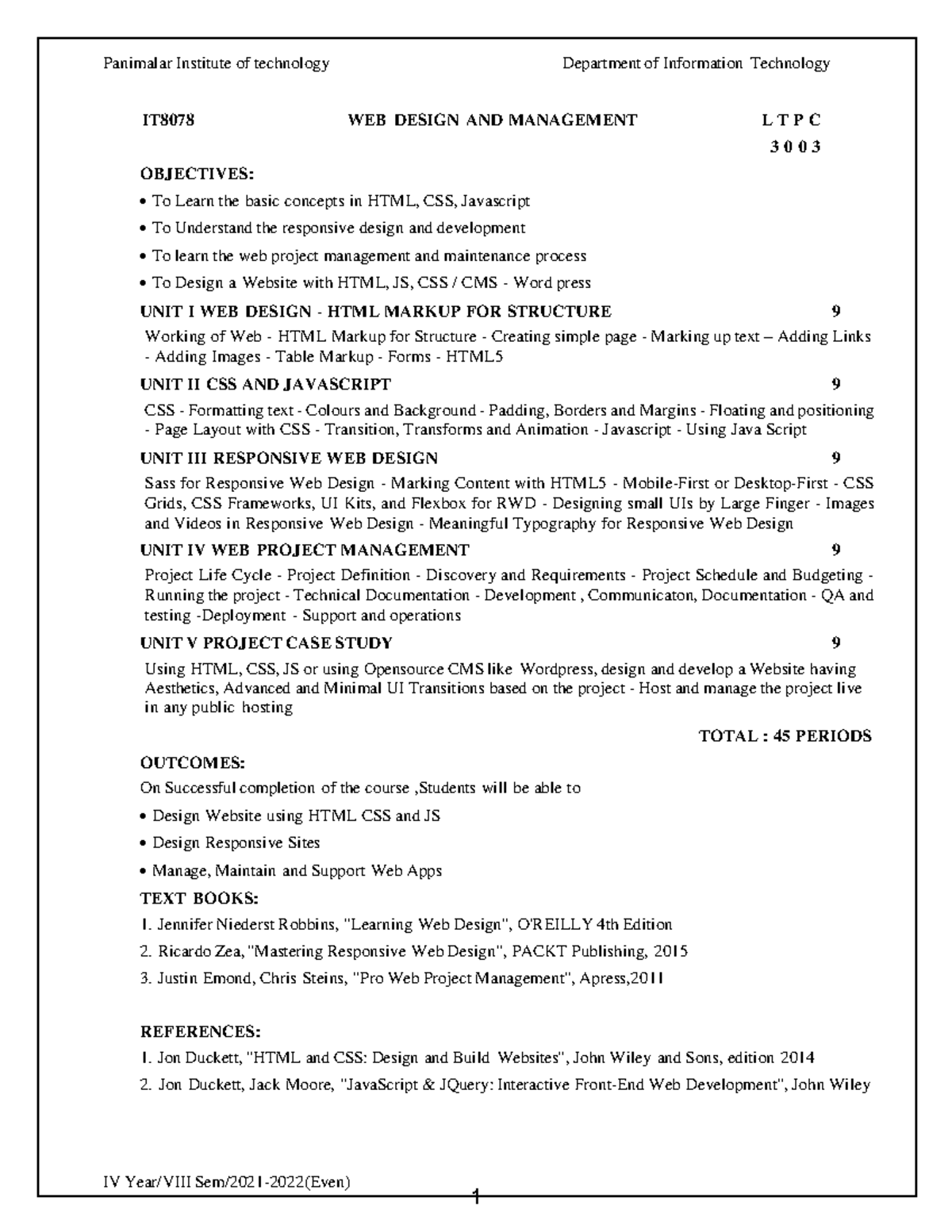 IT8078 WEB Design AND Management - IV Year/VIII Sem/2021-2022(Even ...