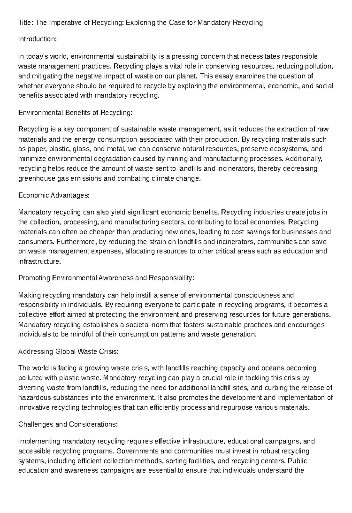 Title The Imperative of Recycling Exploring the Case for Mandatory ...
