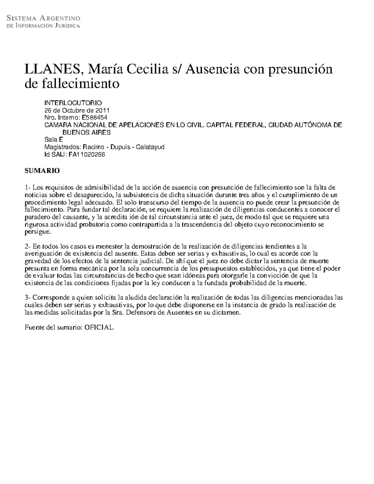 TP1 - Documento extra 1 - trabajo practico - LLANES, María Cecilia s/ Ausencia con presunción de ...