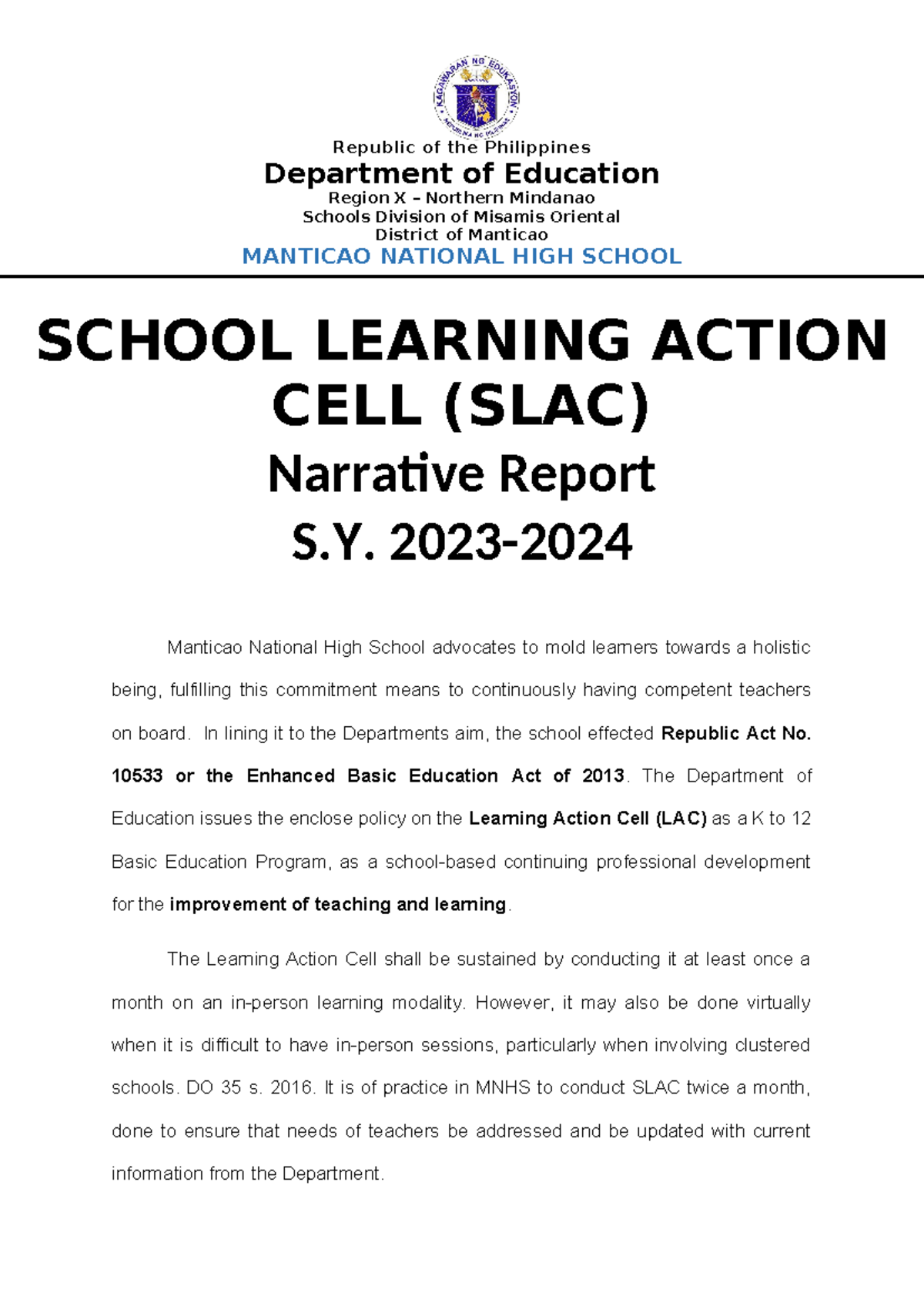 Narative Report 2023 2024 - Department of Education ####### Region X ...