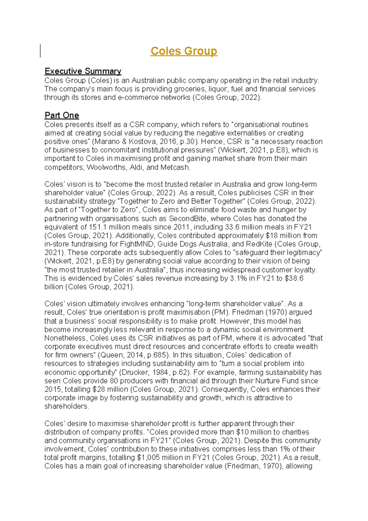 BUSS1000 2022 Assignment - Coles Group Executive Summary Coles Group ...