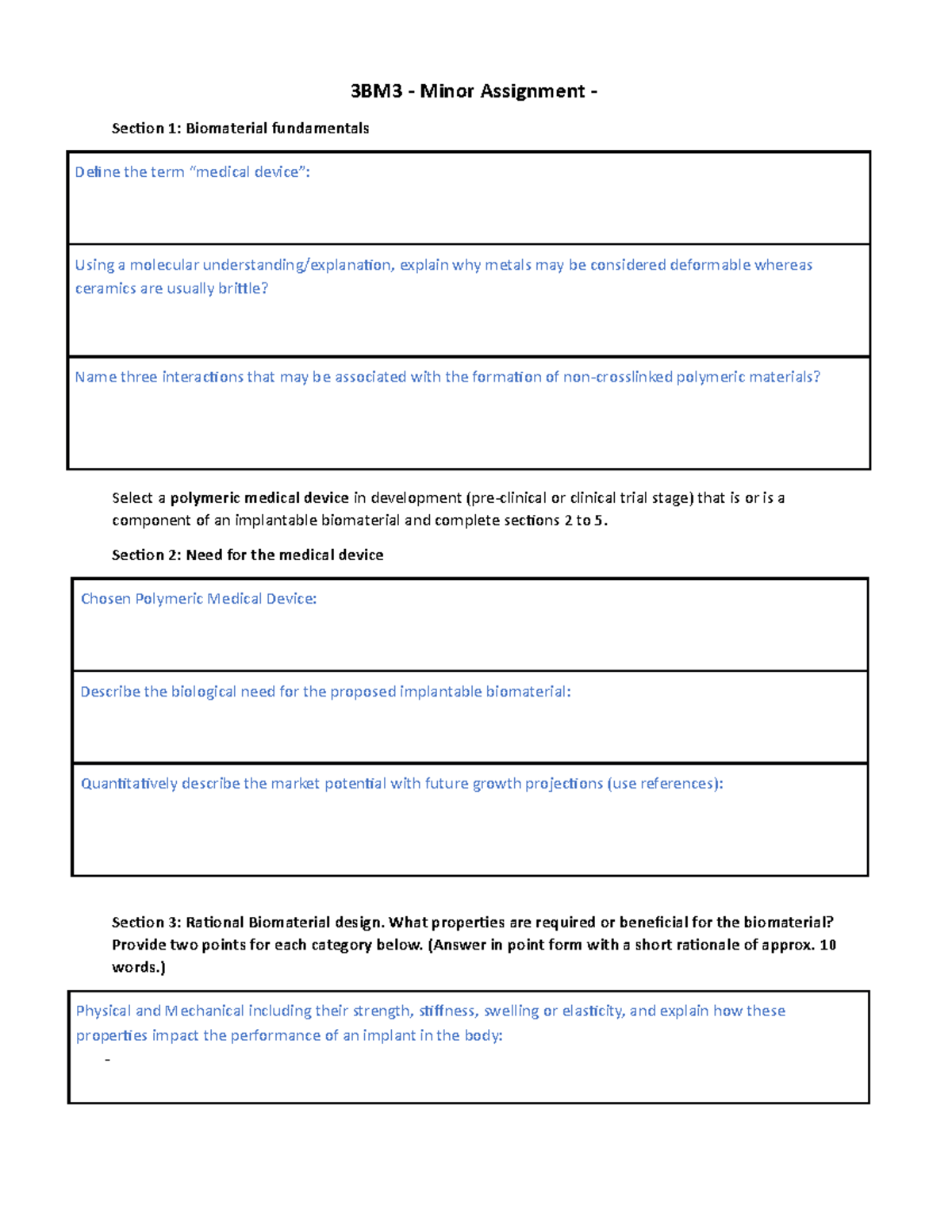 Chembio Assignment - 3BM3 - Minor Assignment - Section 1: Biomaterial ...