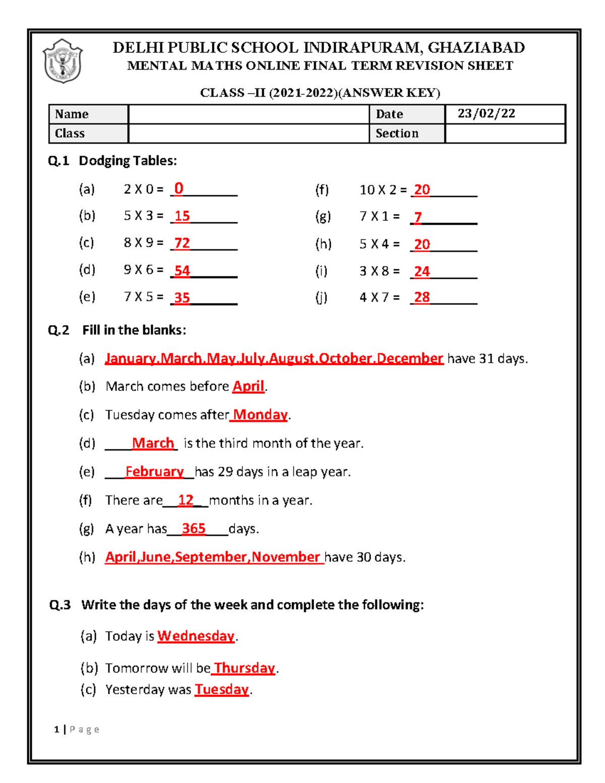 Mental Maths Revision Answer Key 1 P A G E DELHI PUBLIC SCHOOL